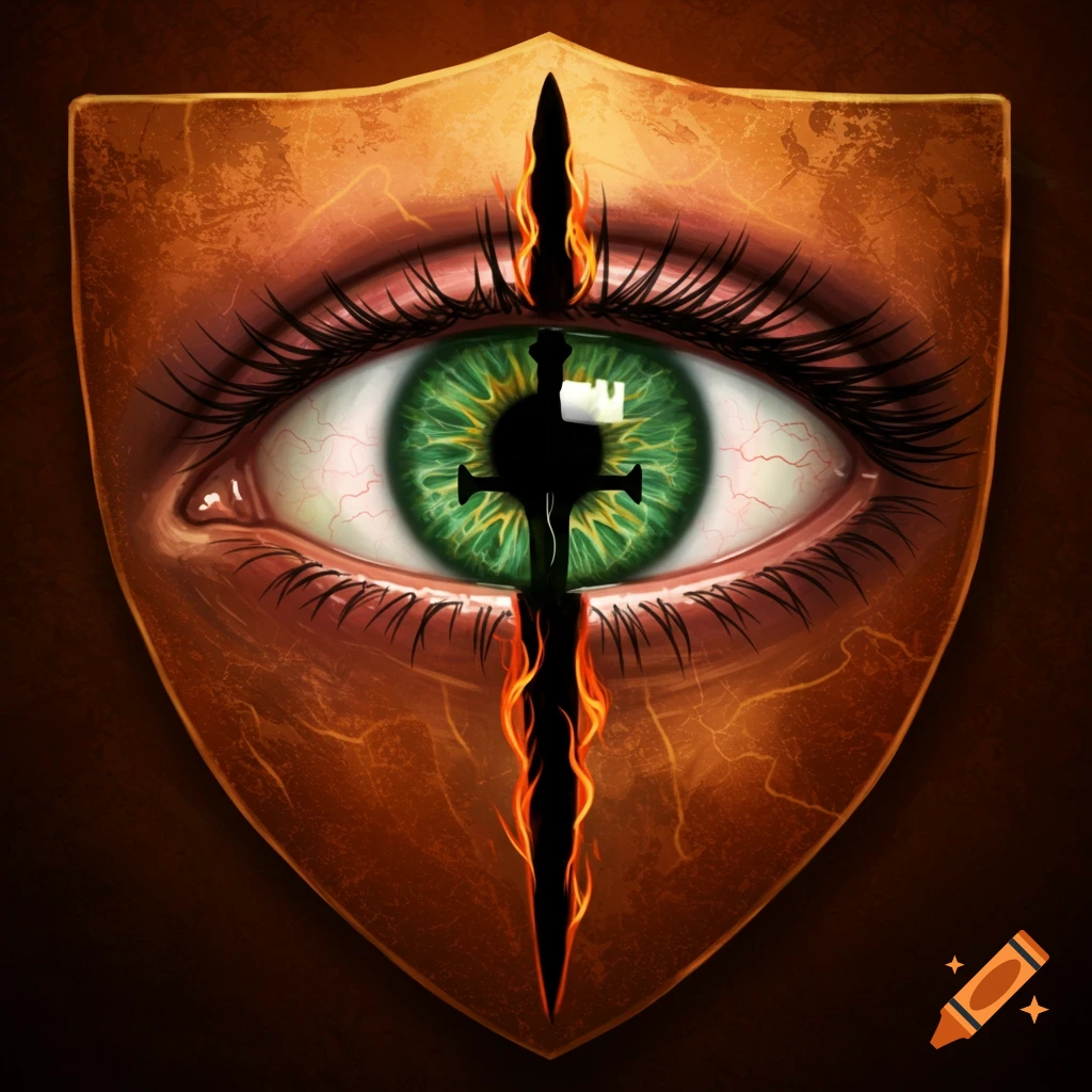 A stylized green eye with a black sword passing through its pupil, set ...