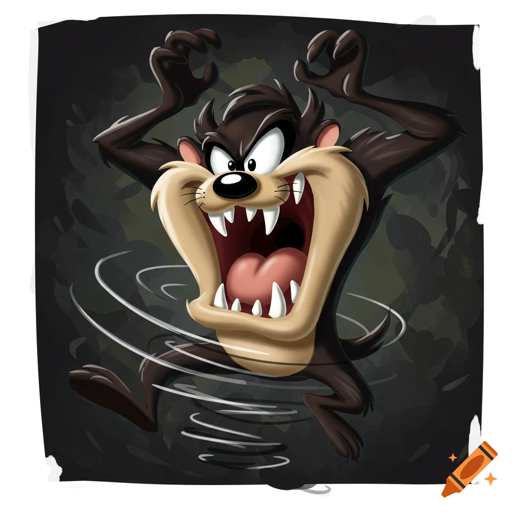 Cartoon illustration of the Tasmanian Devil, Taz, spinning rapidly with ...