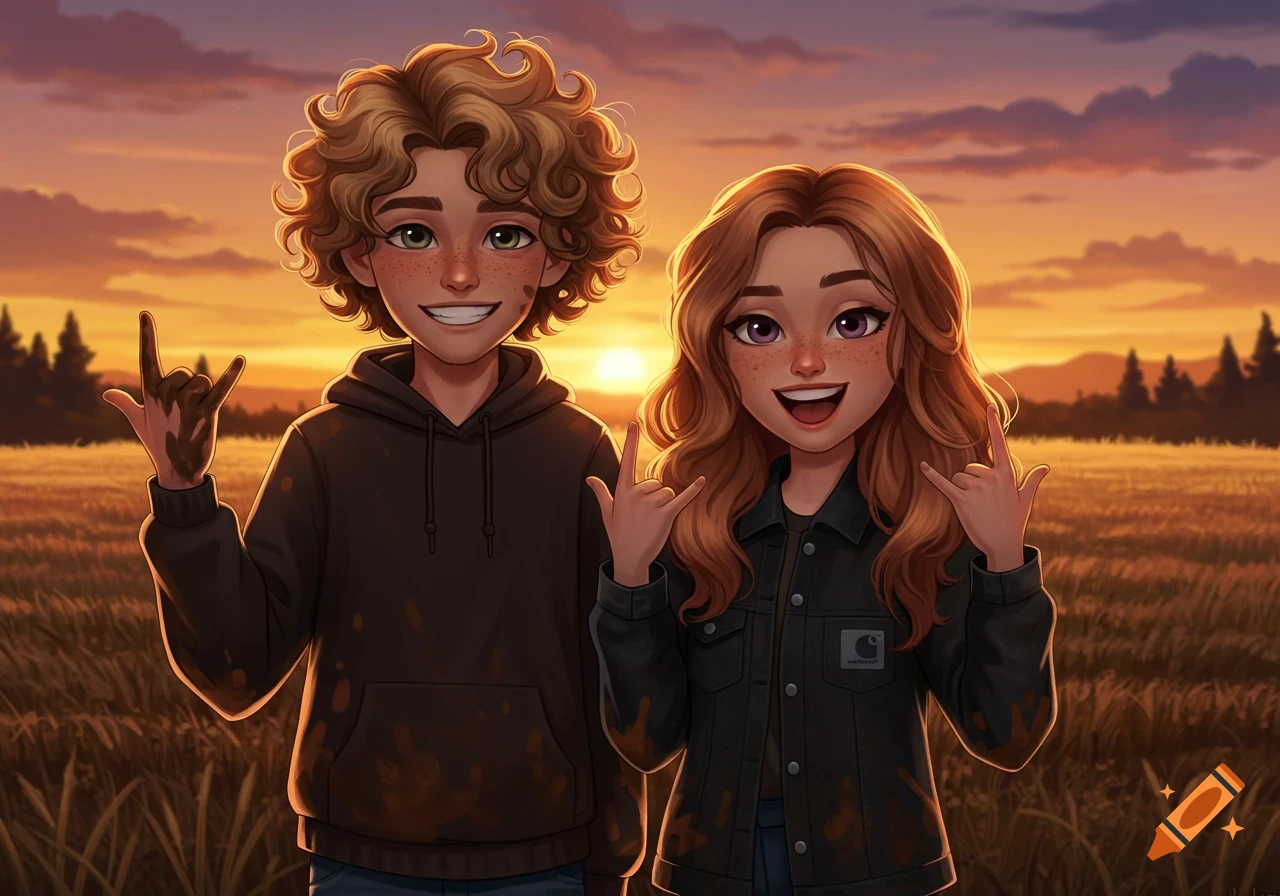 A semi-realistic cartoon of a smiling young couple making rock-on ...