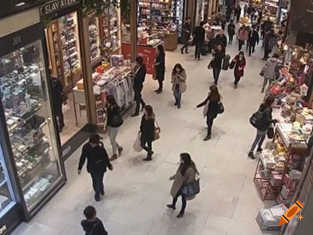 An overhead view of a busy shopping mall with many people walking around and browsing stores. on ...