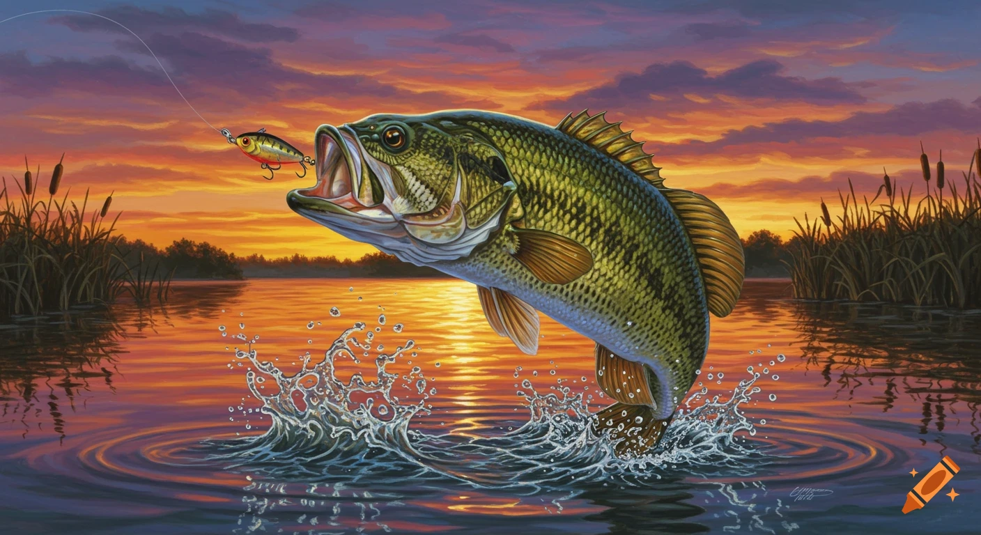 A vibrant illustration of a large mouth bass jumping out of a lake to ...