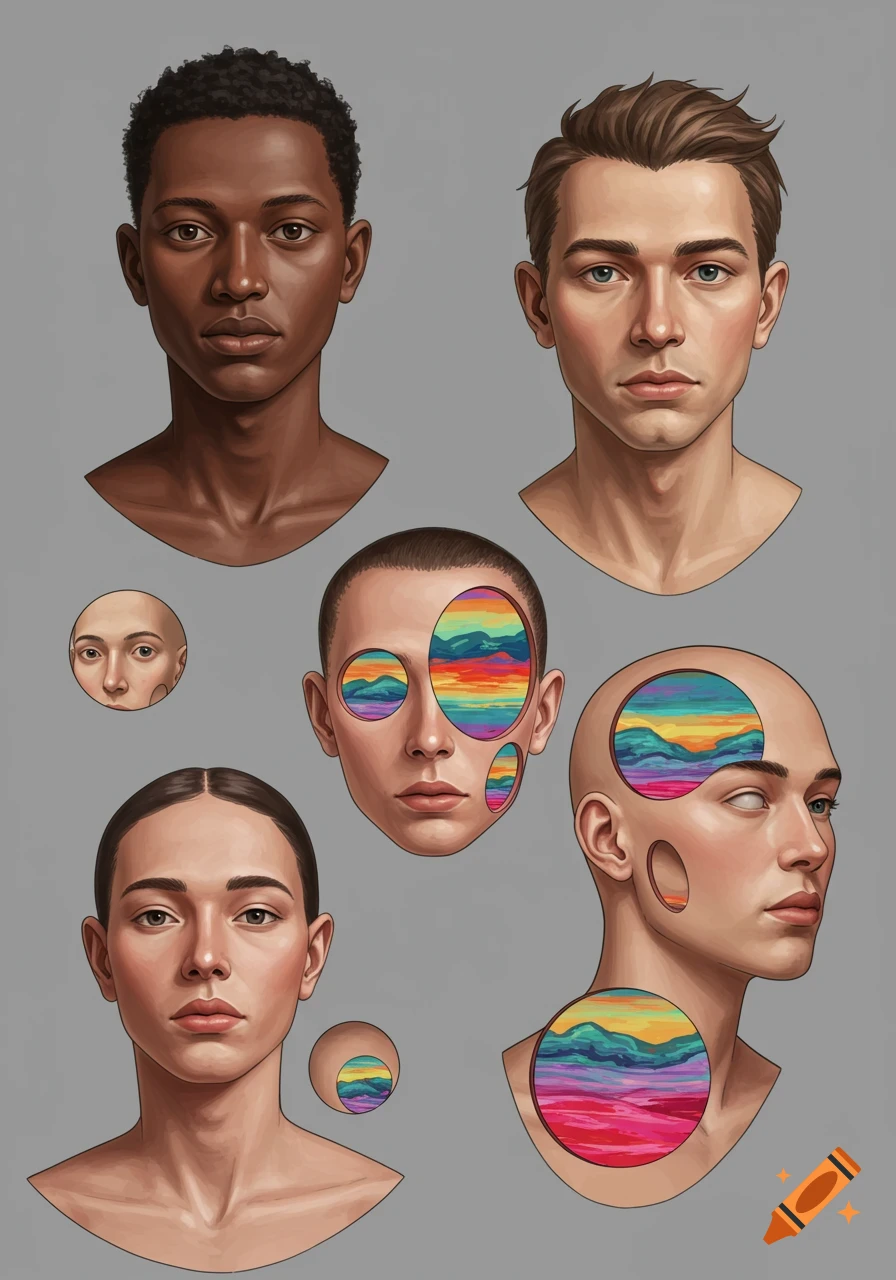 Multiple diverse human faces and busts, some featuring circular cutouts ...