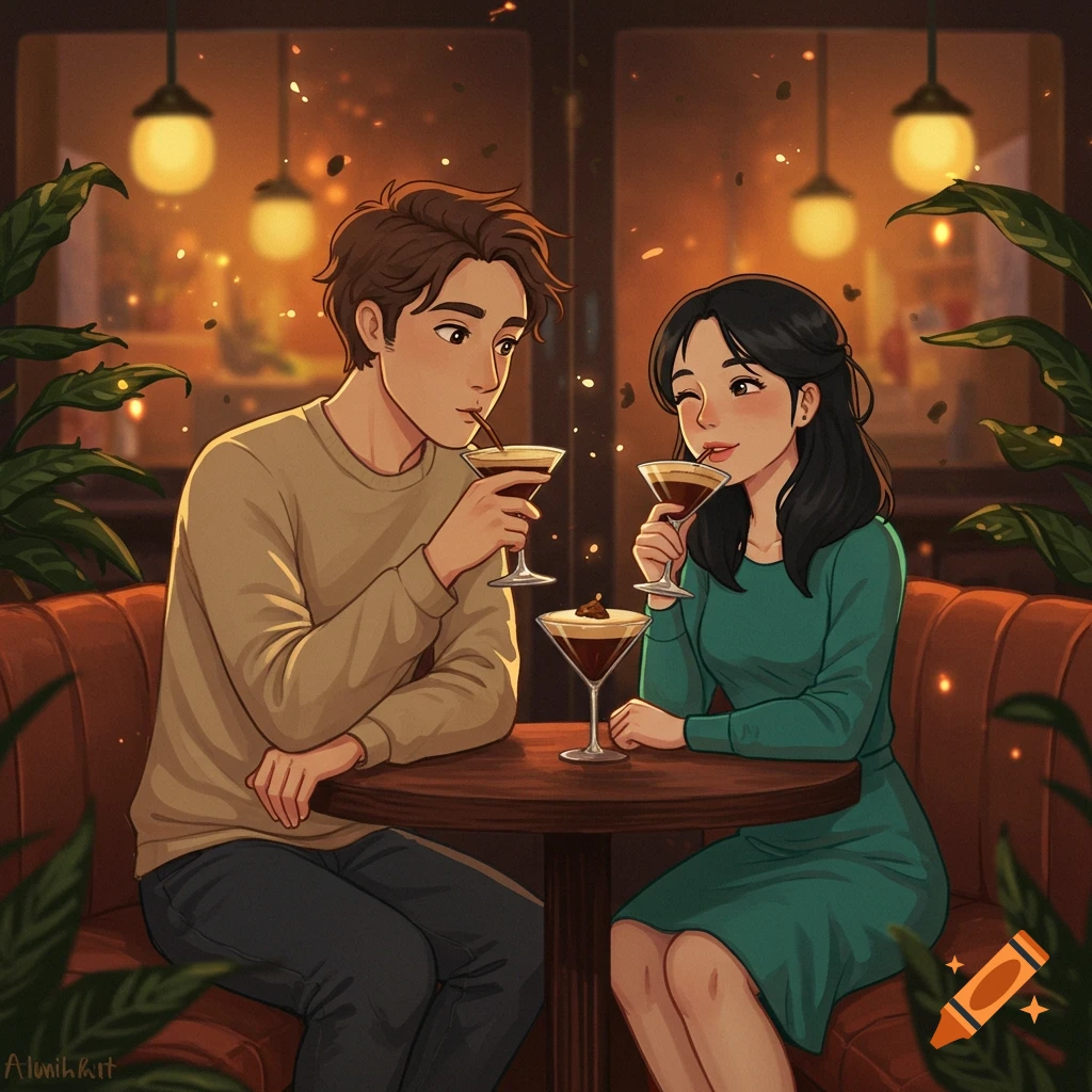 A couple in Studio Ghibli style drinks martinis at a cozy restaurant ...