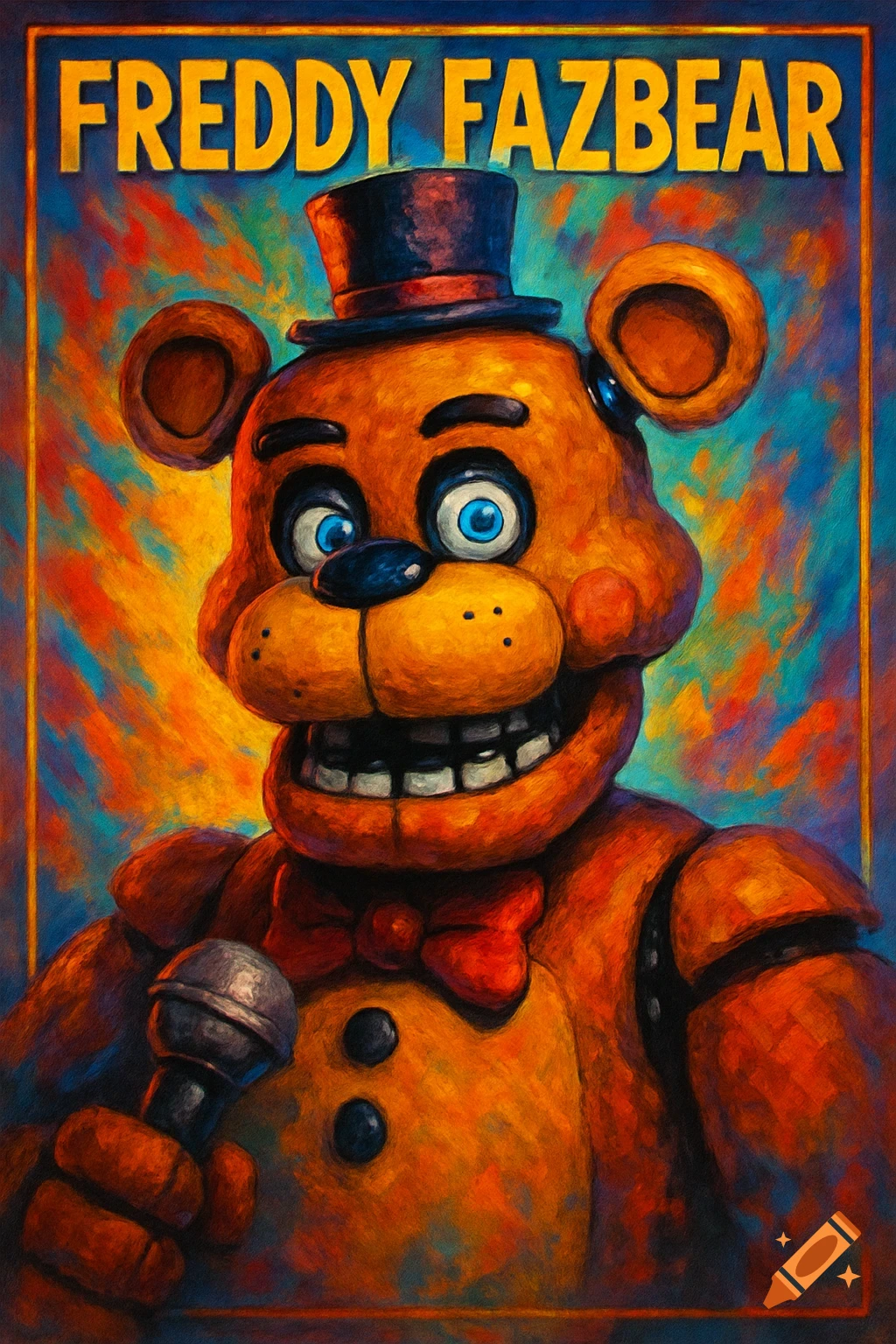 Colorful poster art of Freddy Fazbear holding a microphone, with ...