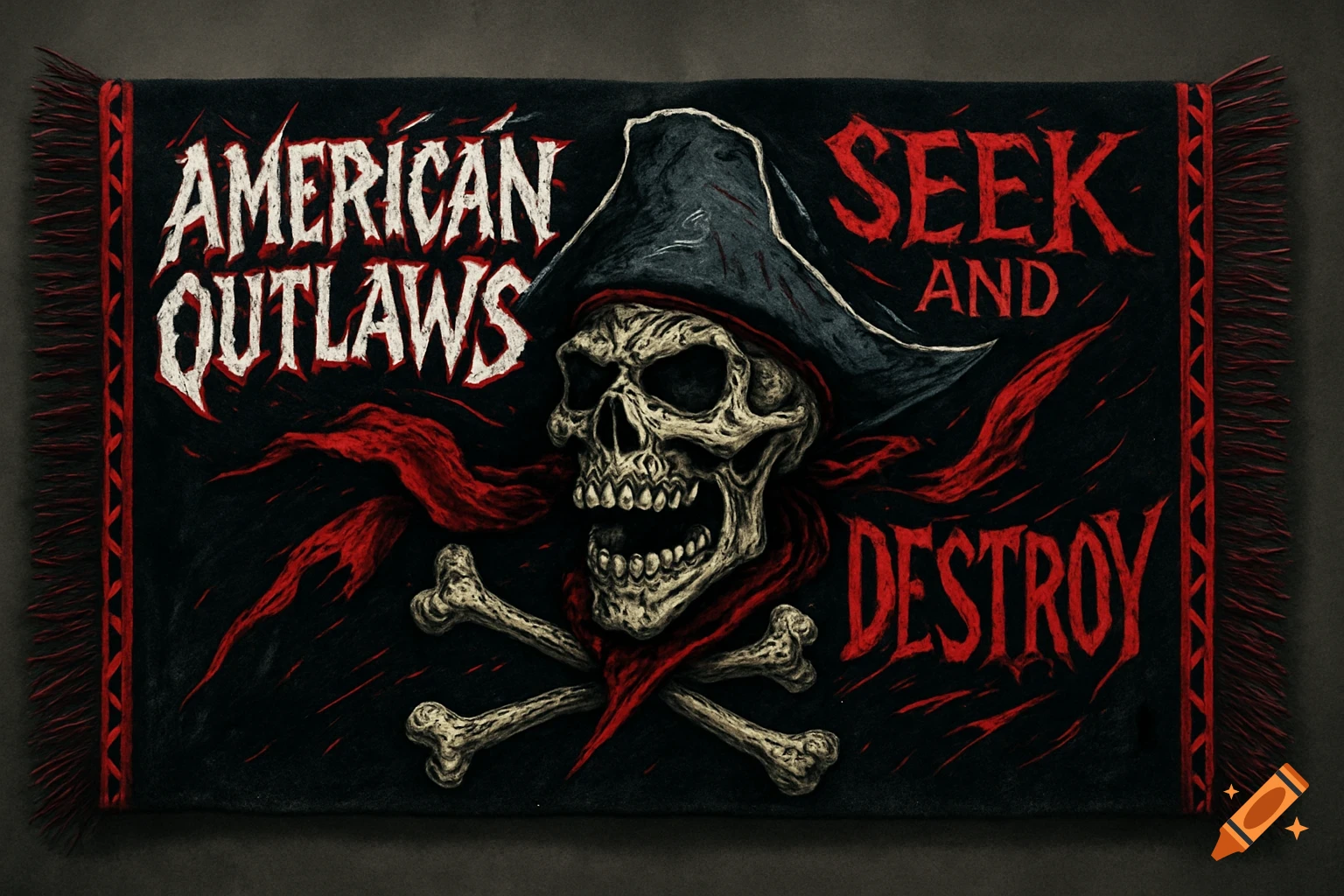 A black scarf with a skull wearing a pirate hat, crossbones, and red ...