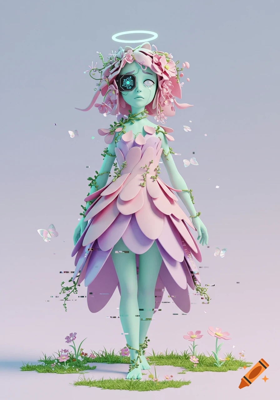A surreal humanoid character with mint green skin, pink flower petal ...