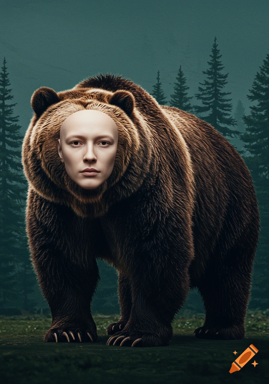 Photorealistic image of a brown bear with a bald human head standing in ...