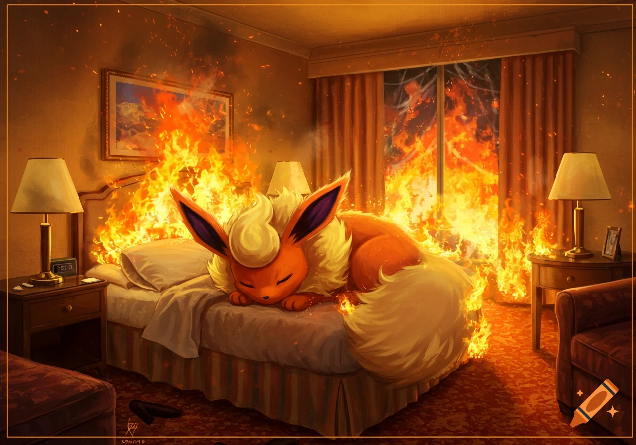 Flareon sleeping peacefully on a burning hotel bed, surrounded by flames, depicted in a digital ...