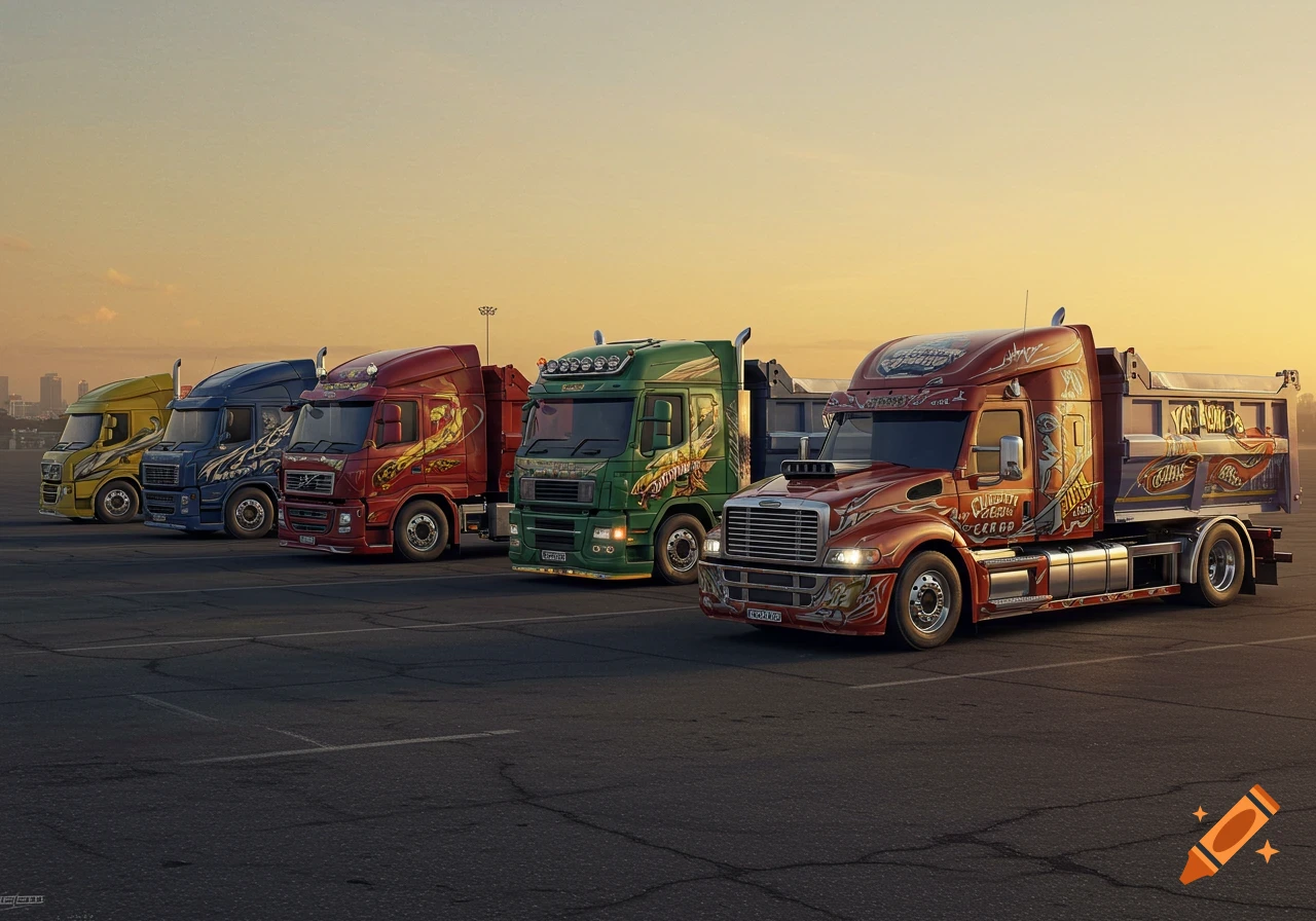 Five custom-painted semi-trucks parked in a row on an asphalt lot at ...