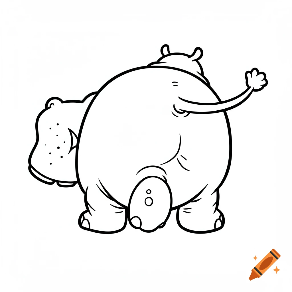Black and white line art drawing of a hippo's rear end, with its tail ...