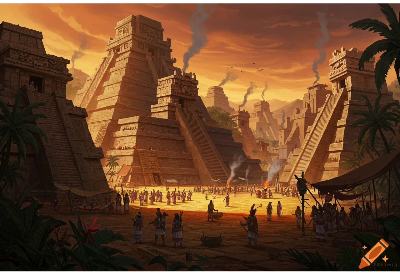 A grand ancient city with towering stone pyramids and bustling crowds ...