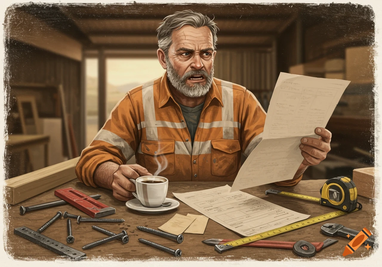 A grumpy tradesman in an orange high-vis shirt reads paperwork at a ...