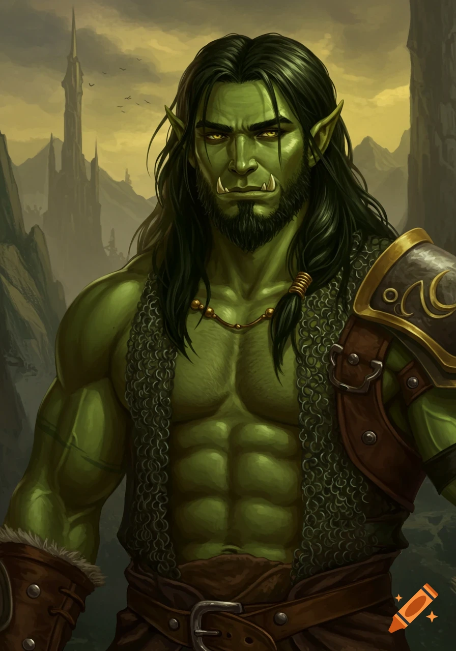 A digital painting of a handsome green-skinned orc man with long dark ...