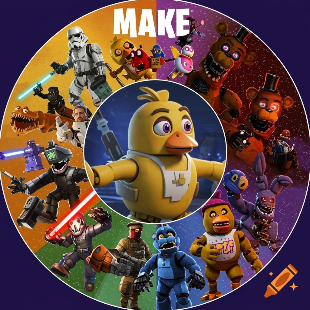 A colorful, circular collage featuring various characters from video ...