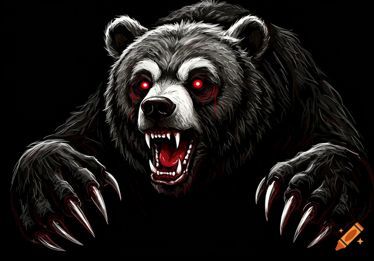 A menacing black bear with glowing red eyes and sharp fangs, stylized ...