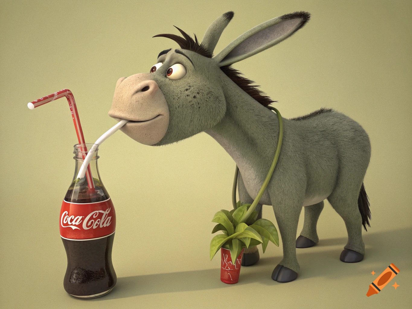 A stylized cartoon donkey drinks from a Coca-Cola bottle with a straw ...
