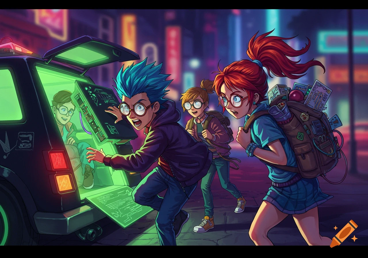 Four animated 'nerd' characters emerge from the back of a glowing green ...