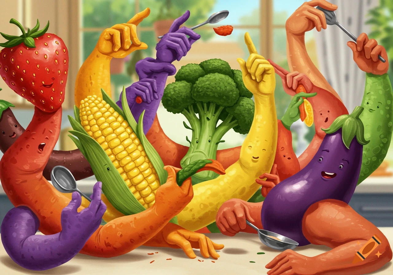 Vibrant illustration of anthropomorphic fruits and vegetables with arms ...