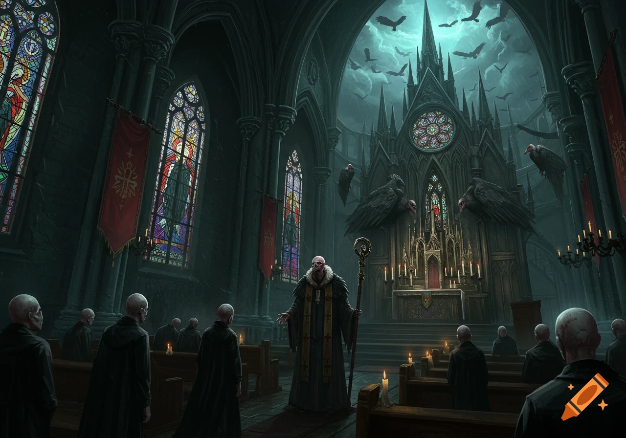 A dark gothic church interior with a grotesque, skull-faced pastor ...