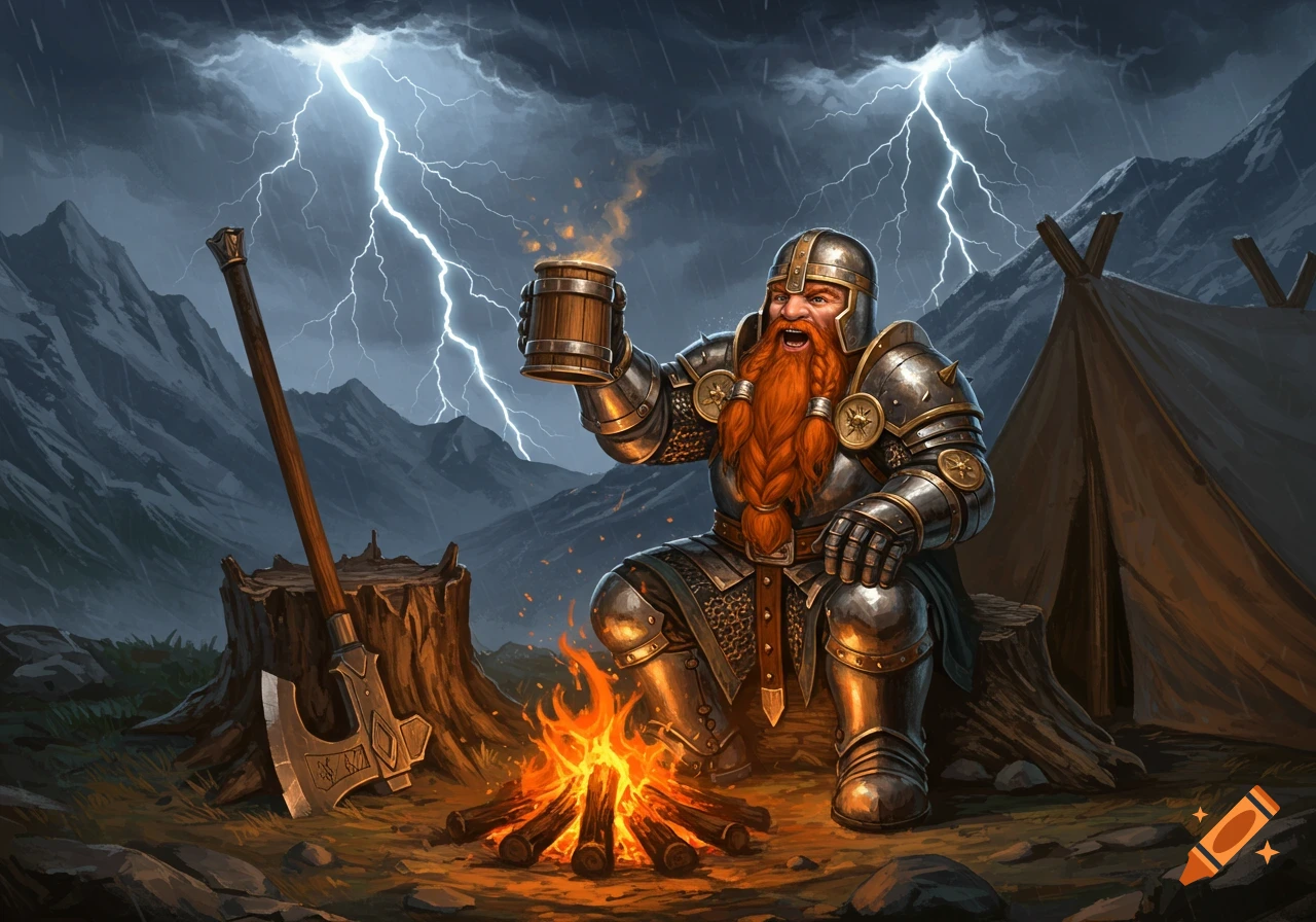 A dwarf in armor raises a mug by a campfire under a stormy, lightning ...