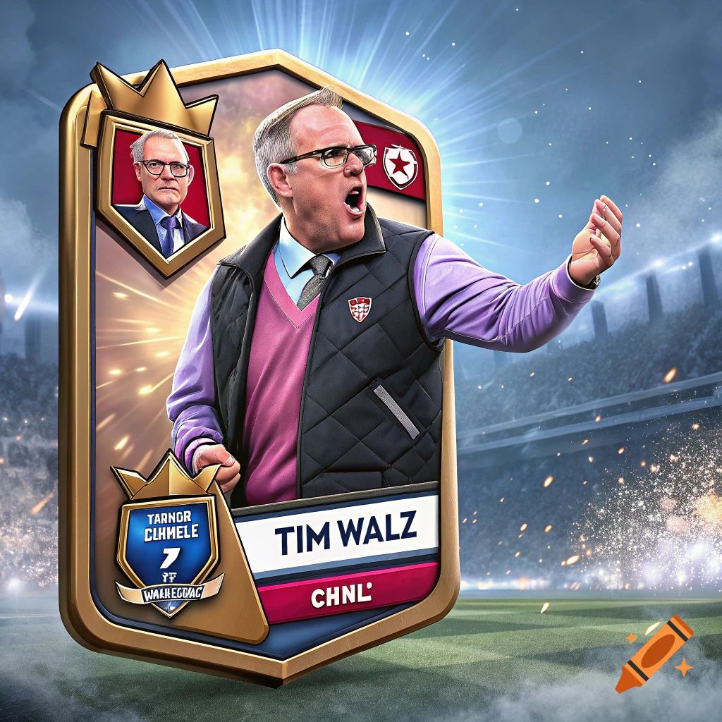 An angry man, Tim Walz, is depicted on a golden trading card with a ...