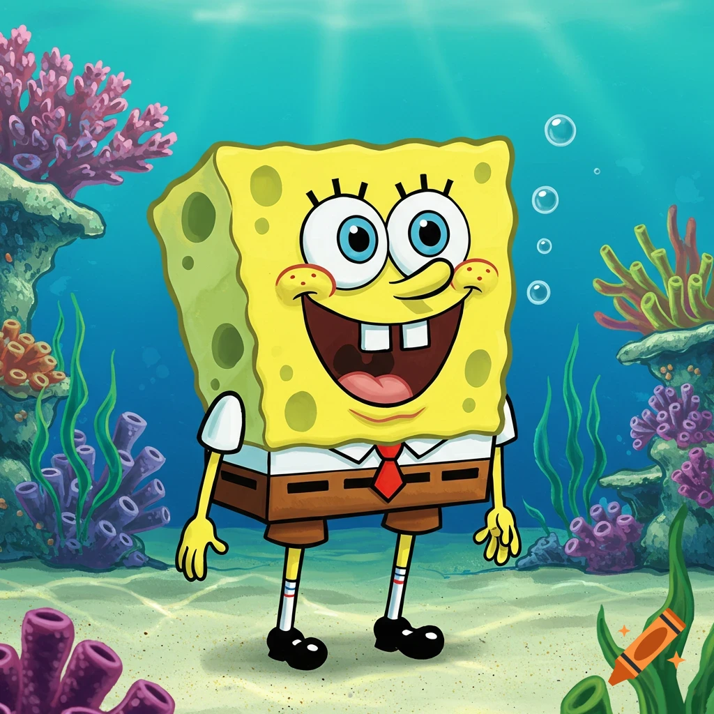 Spongebob Squarepants smiling underwater among colorful coral and ...