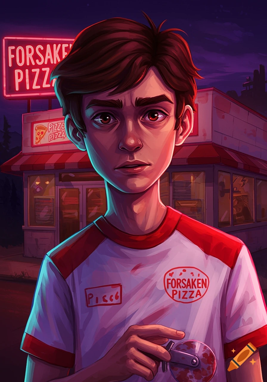 An illustration of a young man with dark hair in a white and red pizza ...
