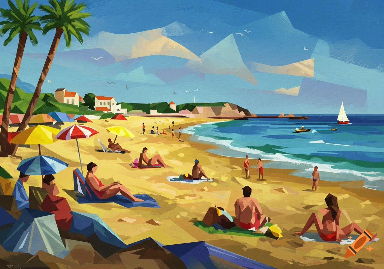 A vibrant, abstract painting of a bustling beach scene with palm trees ...
