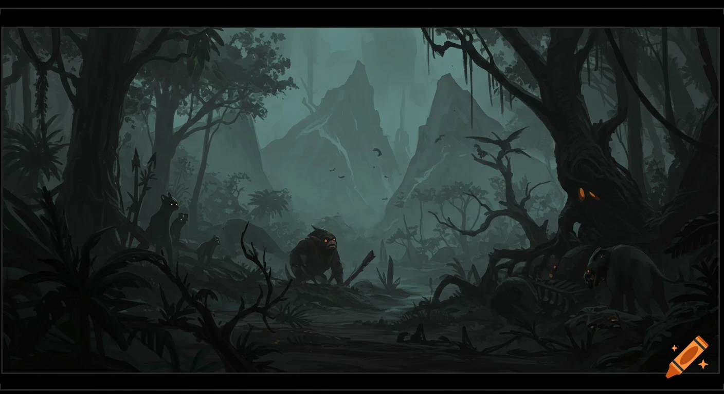 Dark, foreboding jungle scene with glowing-eyed creatures and distant ...