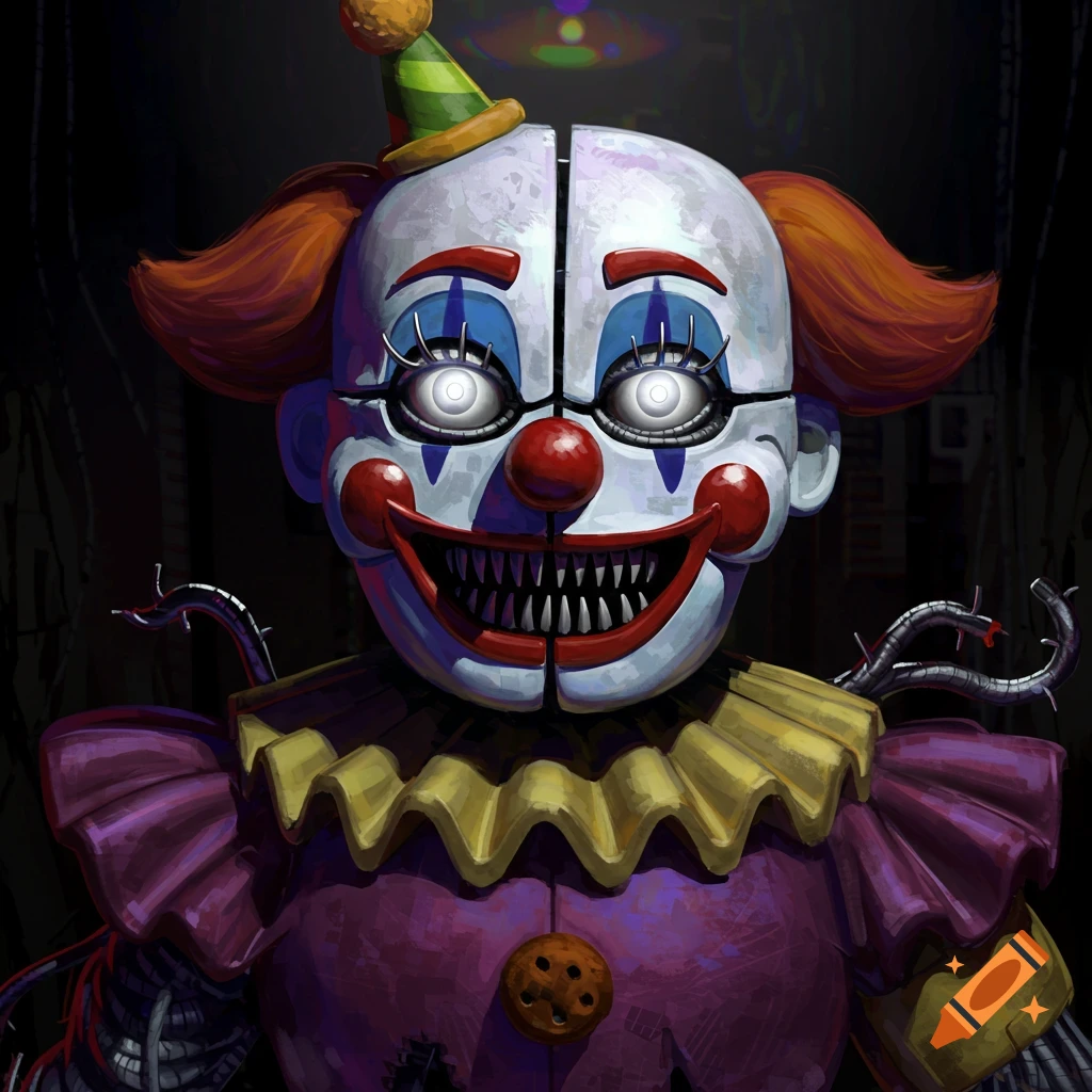 Close-up of a scary animatronic clown with glowing white eyes, sharp ...