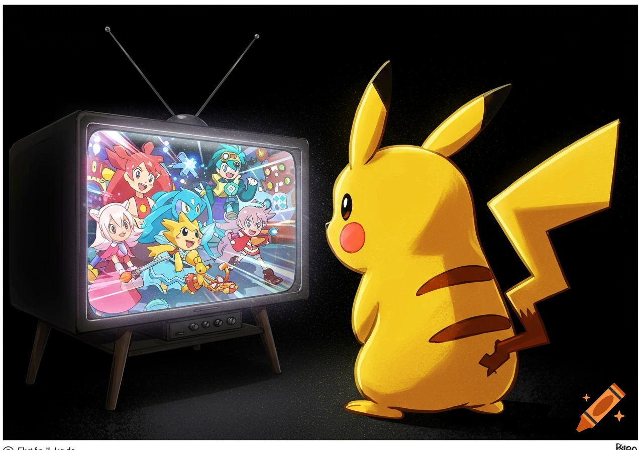 Pikachu watches an old television displaying a bright, colorful anime ...