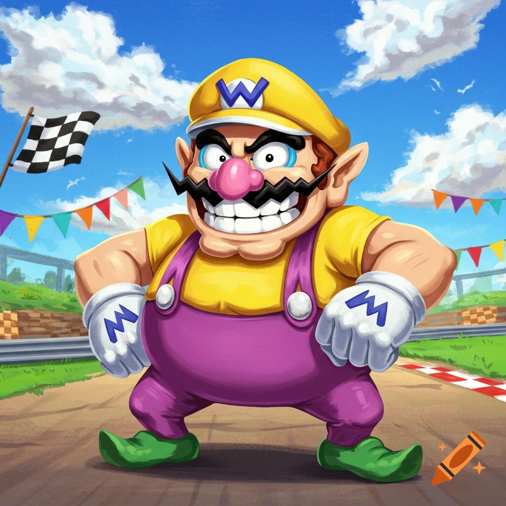 Wario, a cartoon character, stands on a racing track with a checkered ...