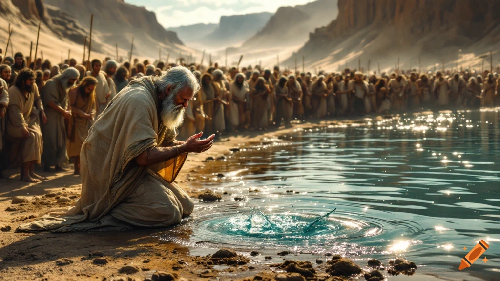 Photorealistic image of elderly Moses kneeling by a lake in the desert ...