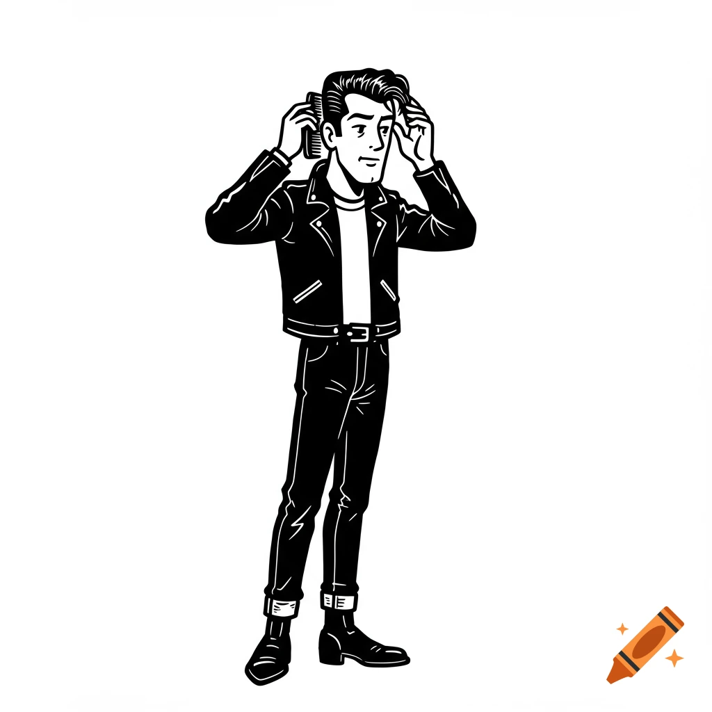 A black and white cartoon illustration of a 1950s greaser combing his ...