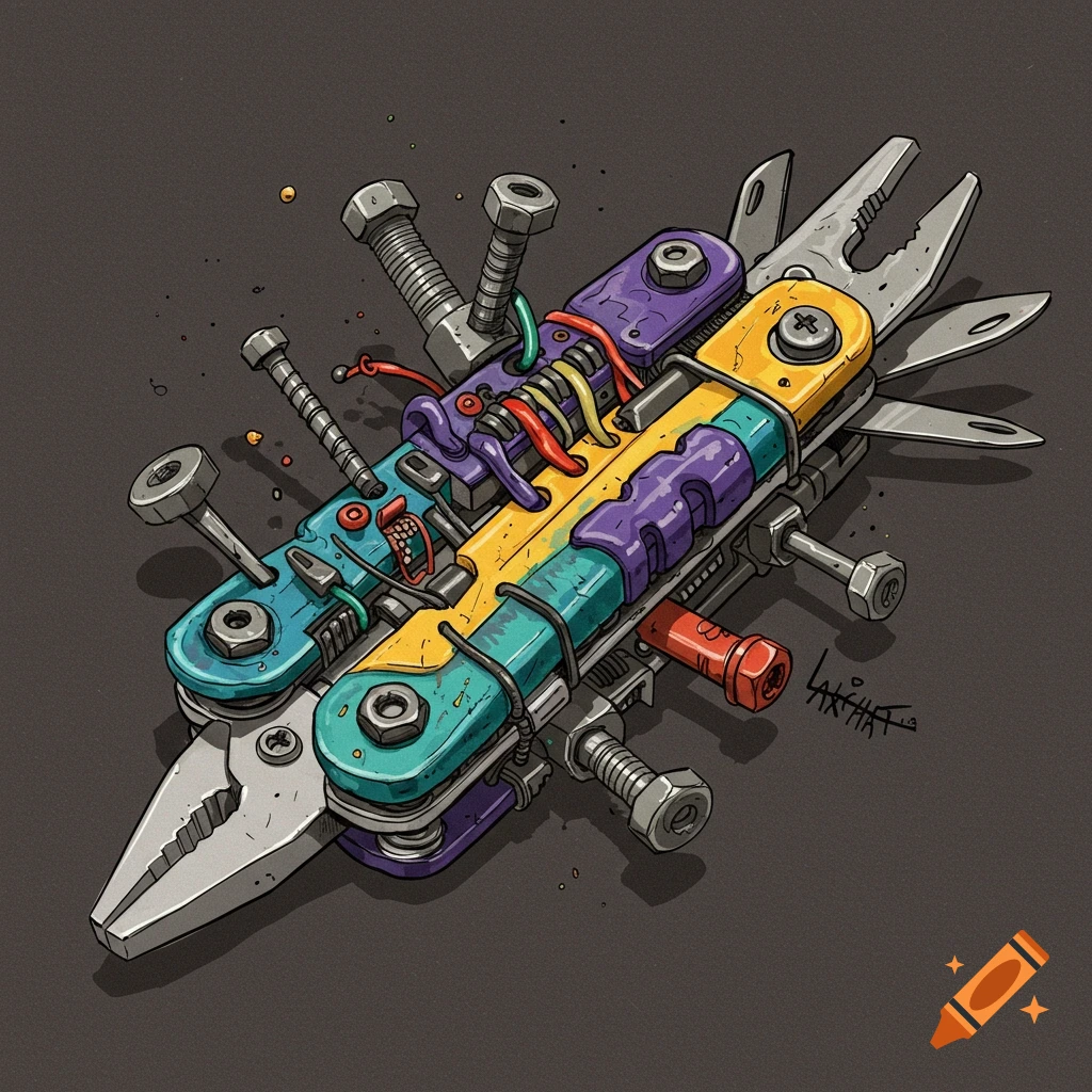 A vibrant, cartoonish illustration of a complex multi-tool appearing ...