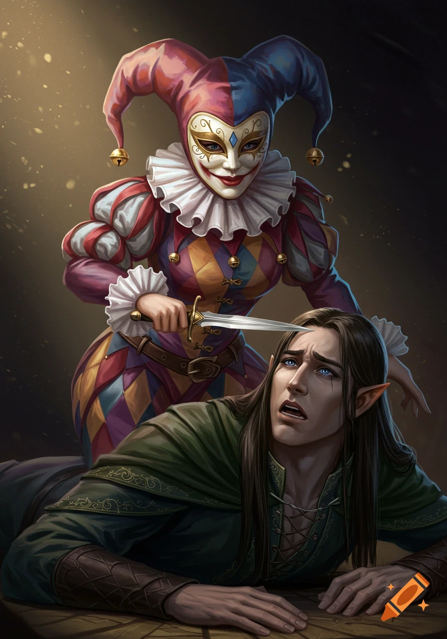 A masked female jester in a harlequin suit holds a small dagger to the ...