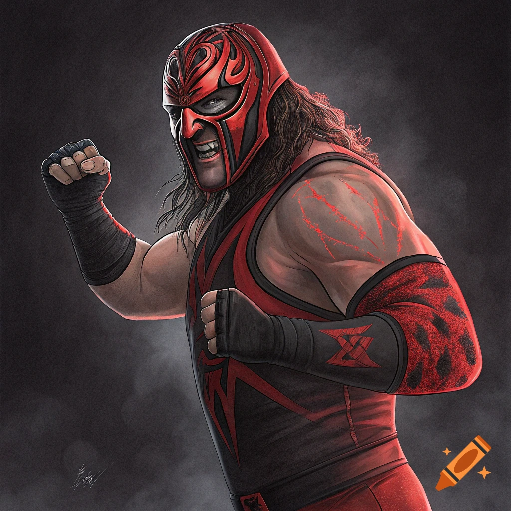 An illustrated portrait of the wrestler Kane, wearing a red and black ...