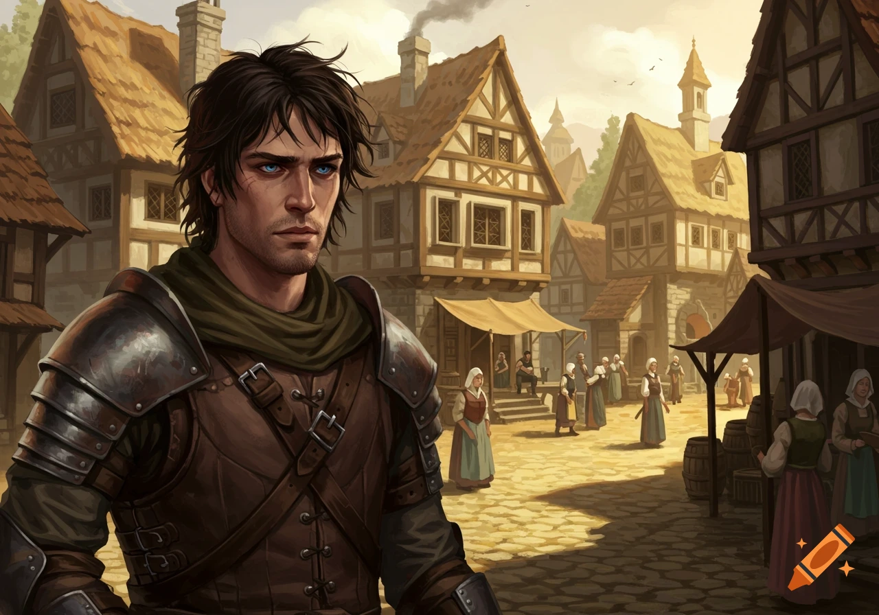 A detailed illustration of a rogue adventurer with blue eyes in a ...