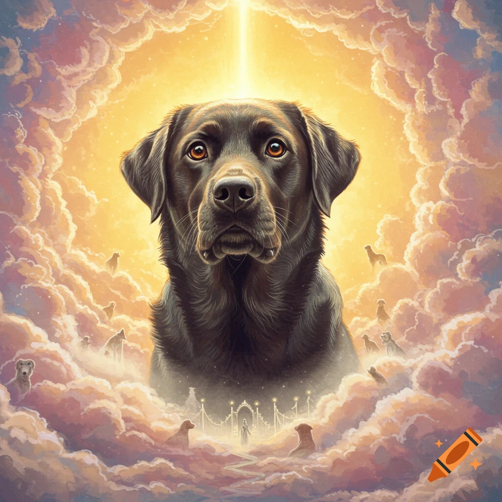 A black Labrador retriever floats amidst ethereal clouds bathed in ...