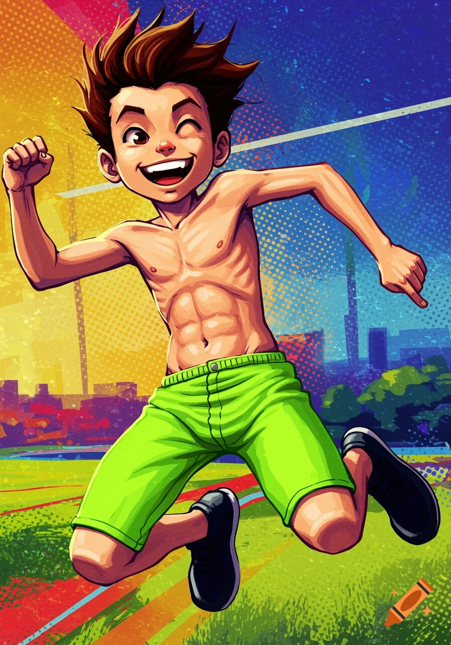 A Shirtless Cartoon Boy With Spiky Brown Hair In Bright Green Shorts