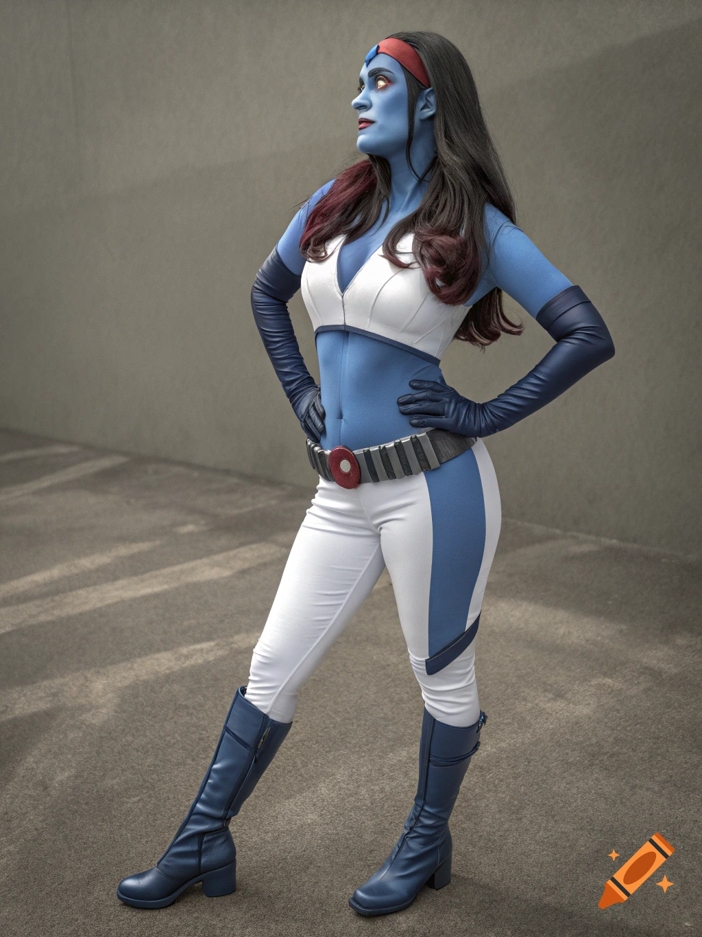A photorealistic image of a woman cosplaying as Mystique, with blue ...