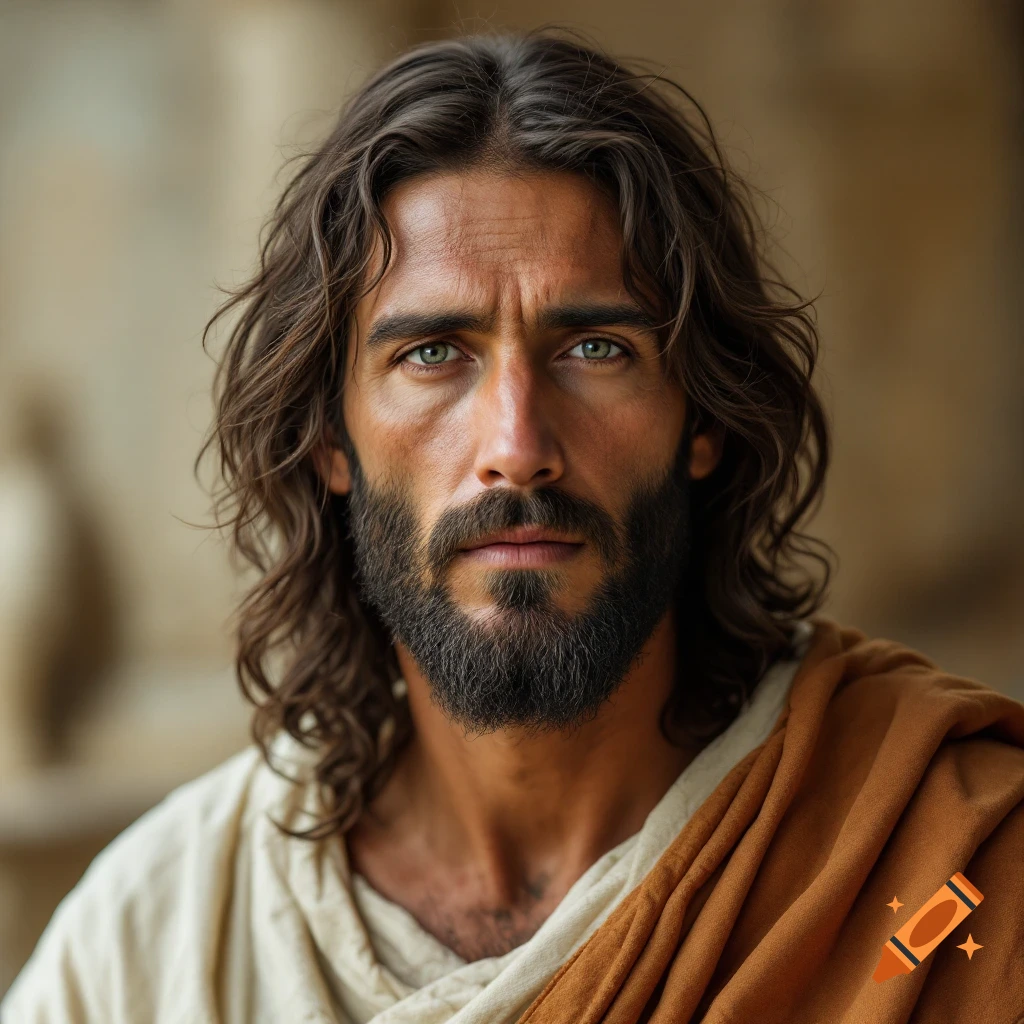 A close-up photorealistic portrait of Jesus of Nazareth with long dark ...