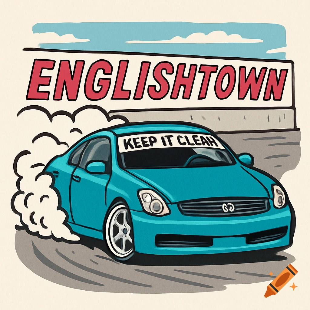 Cartoon illustration of a turquoise Infiniti G35 coupe drifting with ...