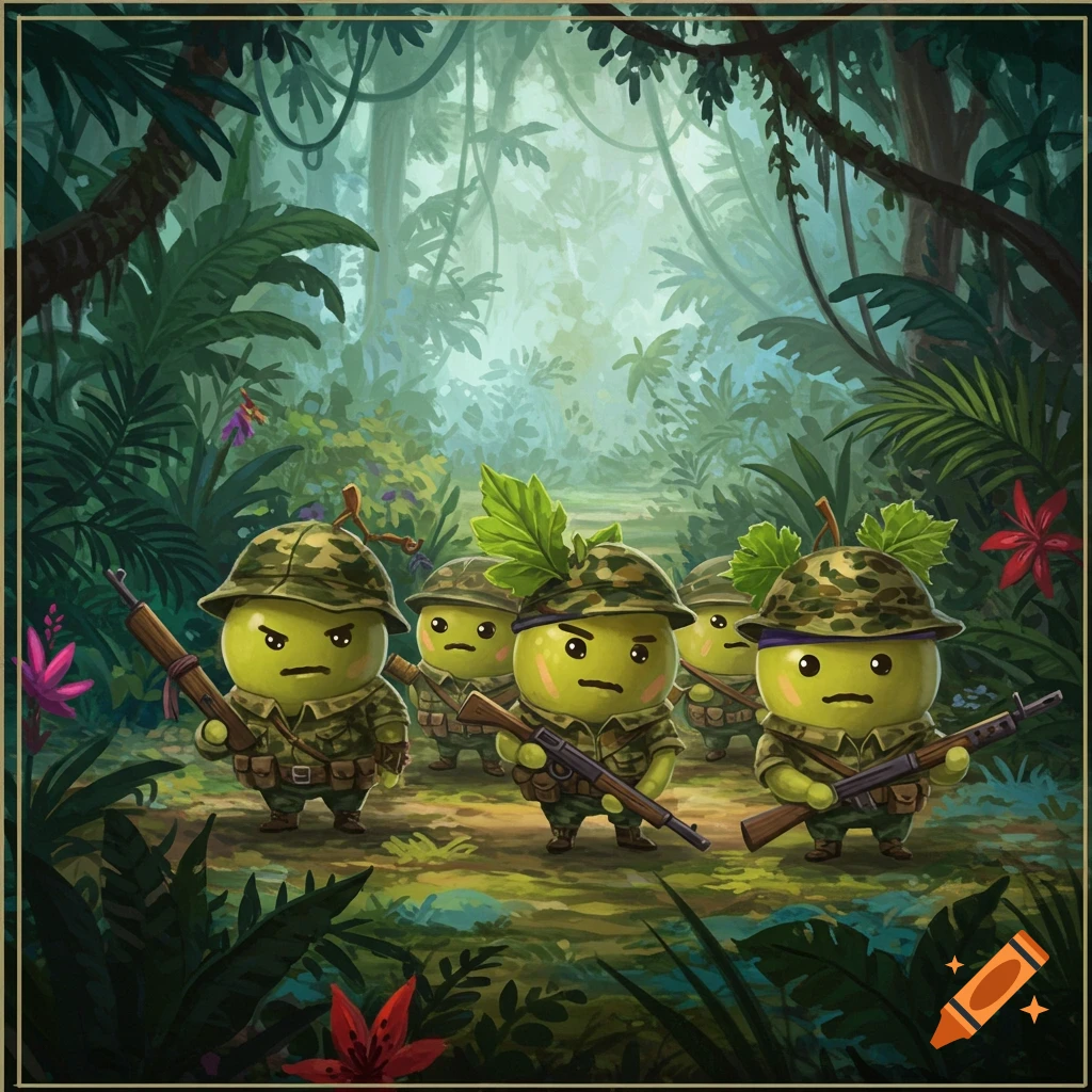 Cartoon fruit characters dressed as soldiers with rifles march through ...