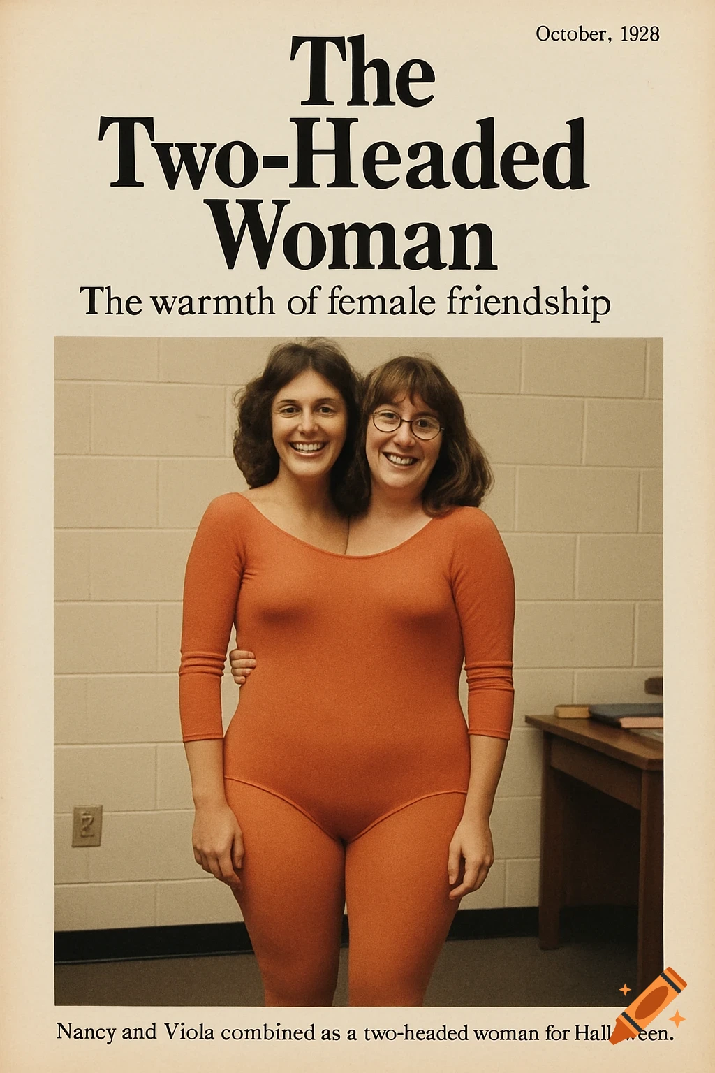 A vintage magazine cover for "The Two-Headed Woman" shows two smiling ...