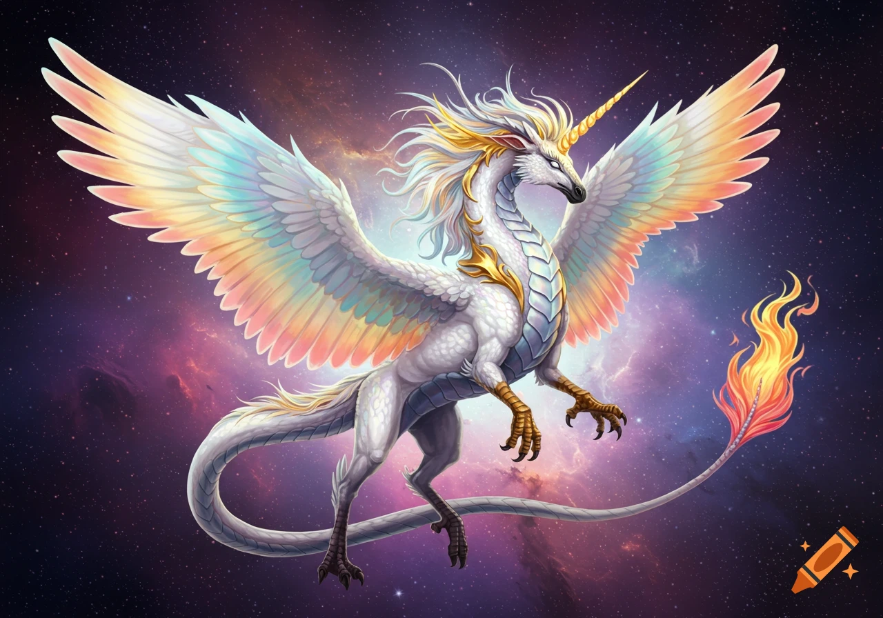 A majestic unicorn dragon griffin and pegasus hybrid with rainbow wings ...