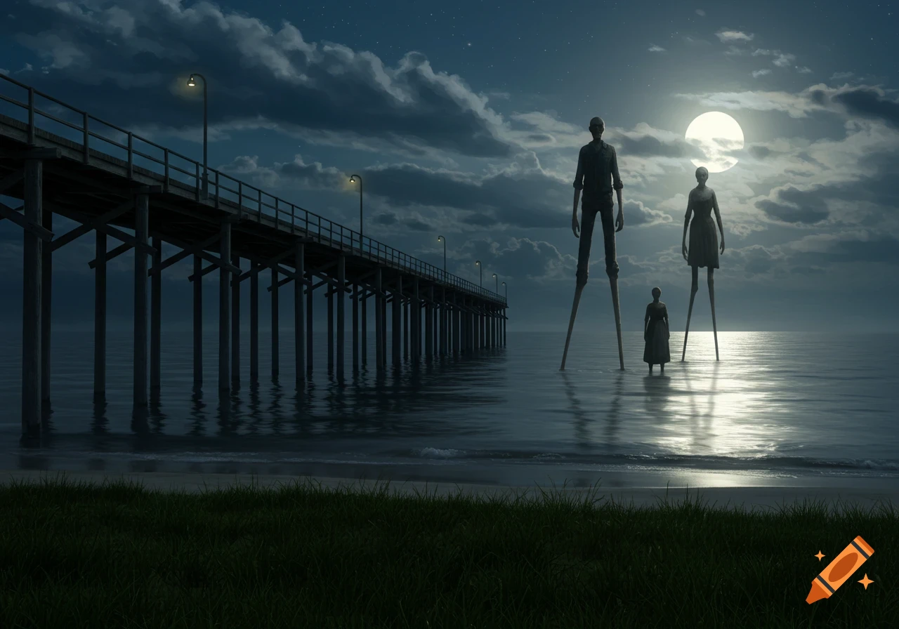 Three unnaturally tall figures stand in the water by a long pier under ...