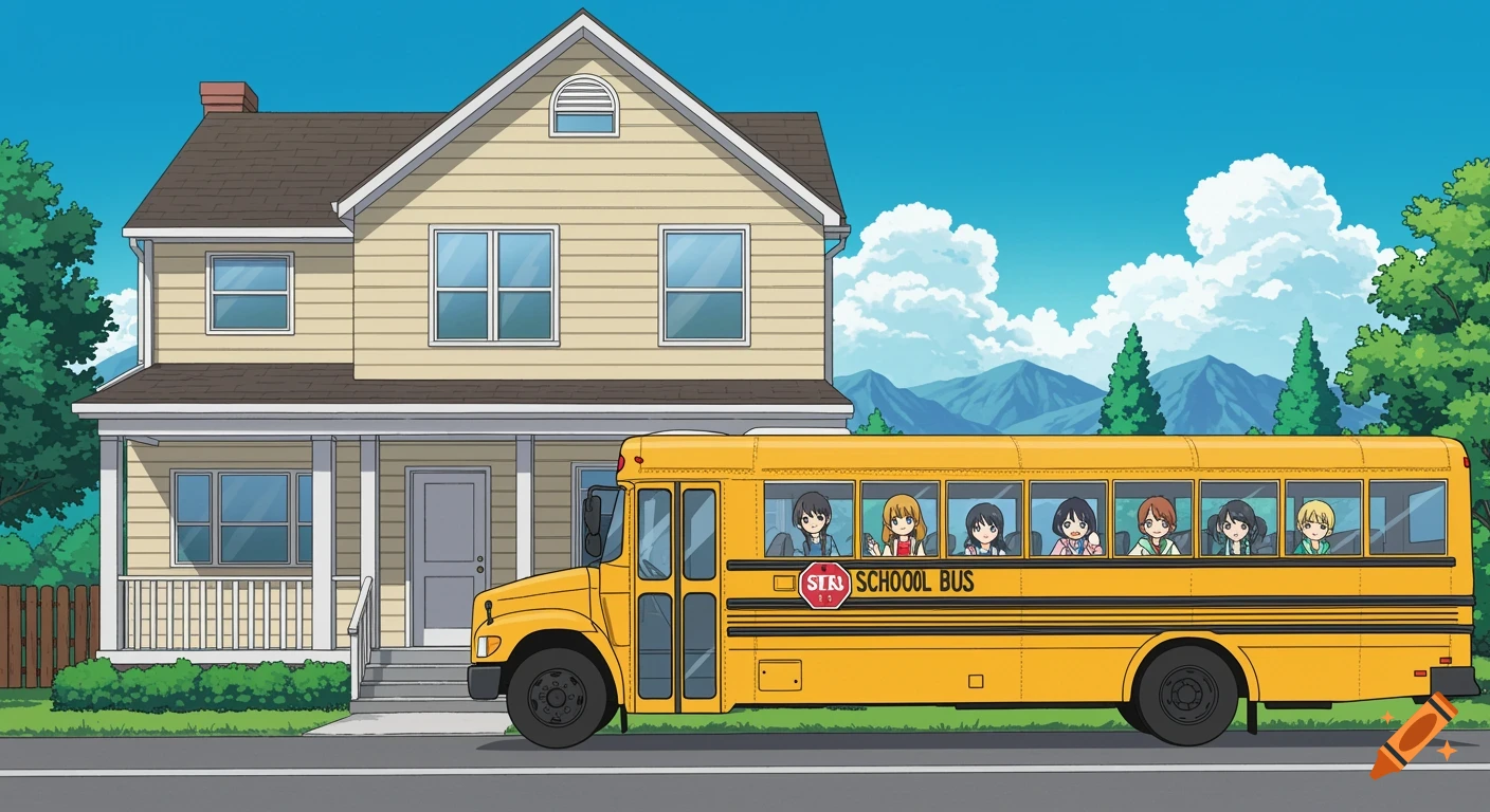 An anime-style illustration of a yellow school bus with children ...
