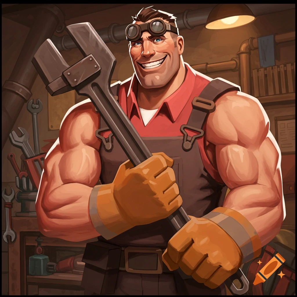 A muscular Team Fortress 2 Engineer character with goggles and a red ...
