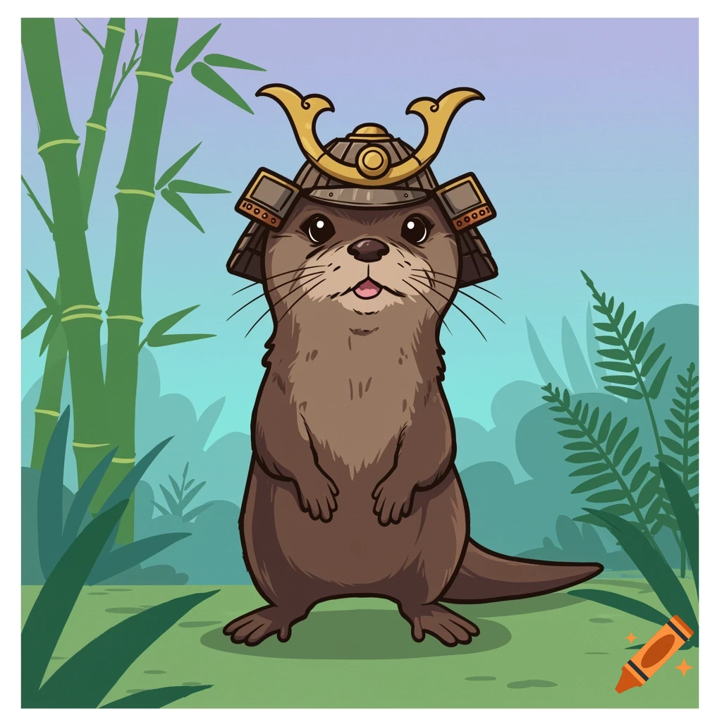 A cute cartoon otter wearing a samurai helmet stands in a bamboo forest ...